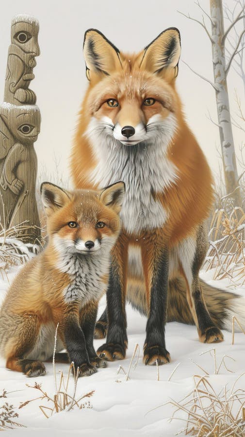 A Red Fox and Two Young Foxes are Gathered in a Snowy Landscape ...