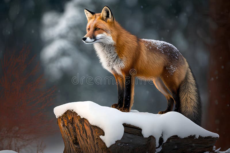 Red Fox (Vulpes Vulpes) Standing on a Log in Winter Forest Stock ...