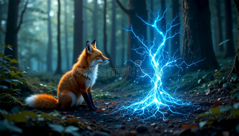 Fox and Glowing Neural Root Network in AI Forest Stock Photo - Image of ...