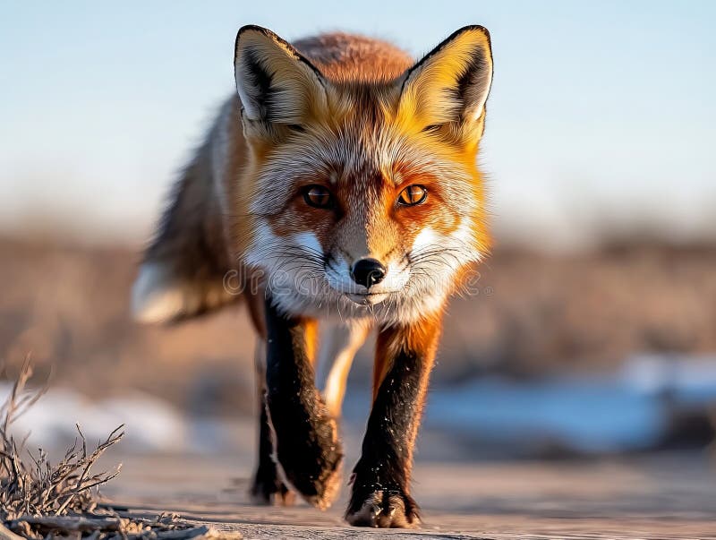 A Red Fox Walking Across a Dirt Road in the Snow Stock Image - Image of ...