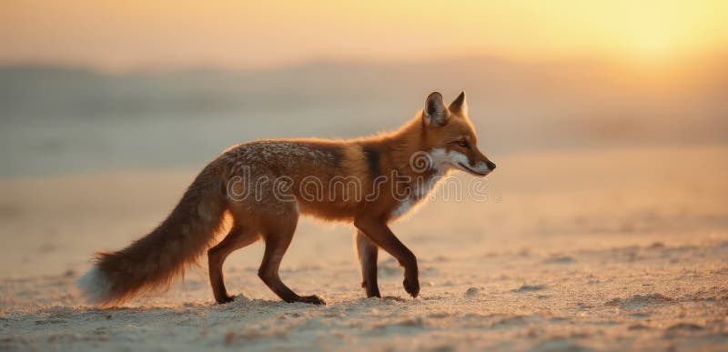 A Red Fox Walking Across a Sandy Beach at Sunset Stock Photo - Image of ...