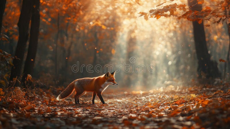 Red Fox Walking through an Autumn Forest Path Stock Illustration ...