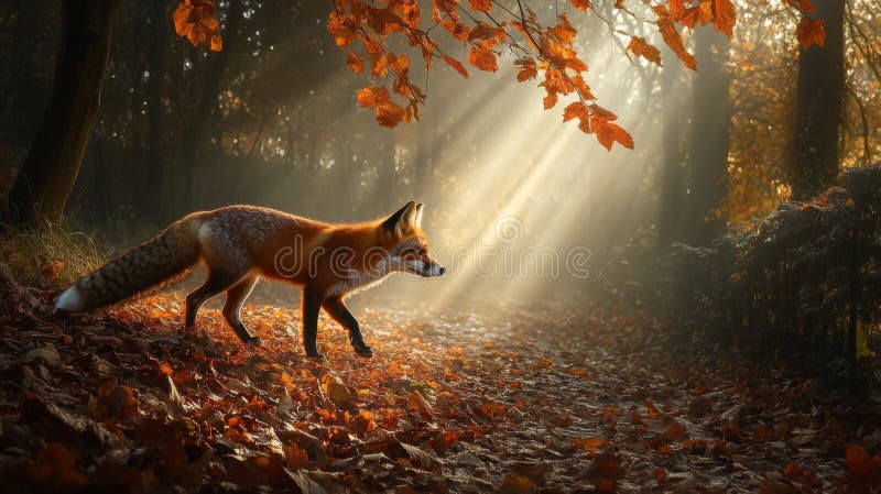 Red Fox Walking through Autumn Forest with Sun Rays Stock Illustration ...