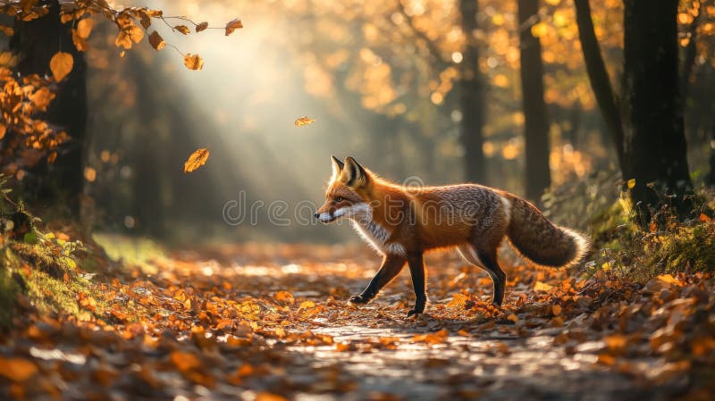 Red Fox Walking through Autumn Forest with Sunlight and Falling Leaves ...