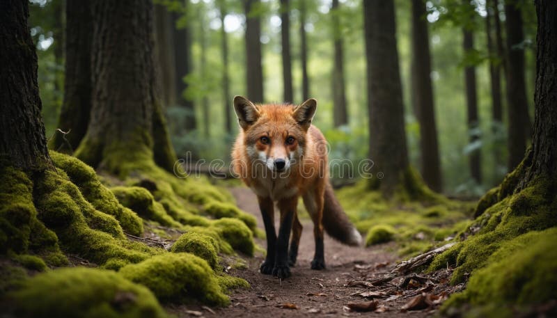 Red Fox Walking on Forest Path Surrounded by Mossy Trees Stock Image ...