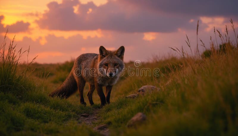 Majestic Red Fox Sunset Grassy Field Stock Photos - Free & Royalty-Free ...