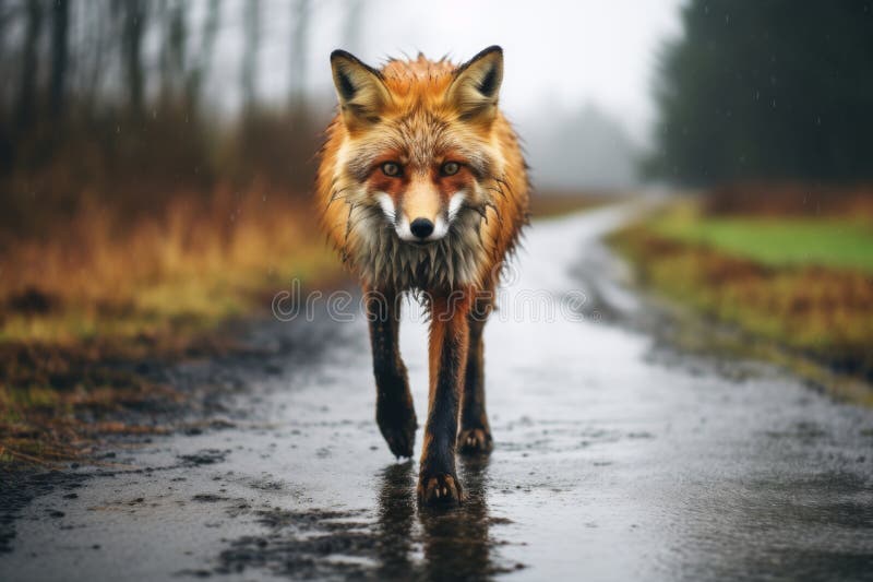 A Red Fox Walking on a Wet Road. a Wet Fox Walks Down the Road in the ...