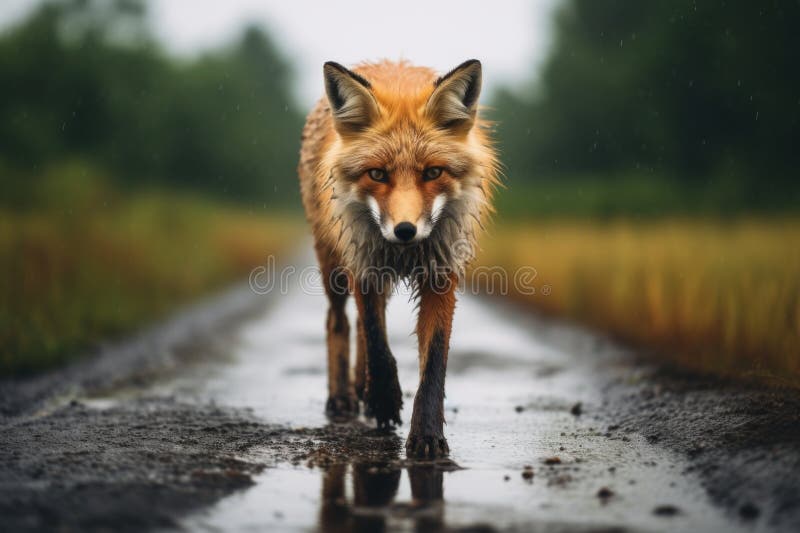 A Red Fox Walking on a Wet Road. a Wet Fox Walks Down the Road in the ...