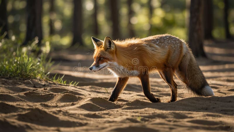 Red Fox Walking on Sandy Forest Path at Golden Hour Stock Illustration ...