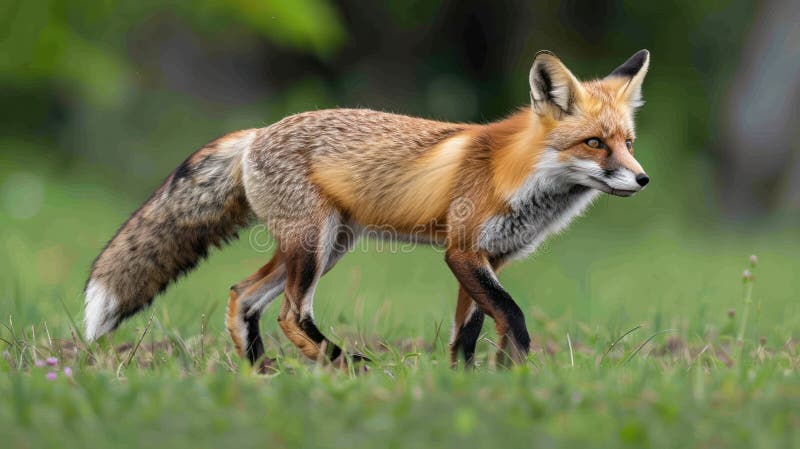 A Red Fox Walks through a Grassy Field, Its Bushy Tail Trailing Behind ...