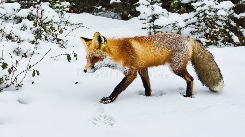 A Red Fox Walks through a Snowy Forest, Leaving Behind Paw Prints in ...