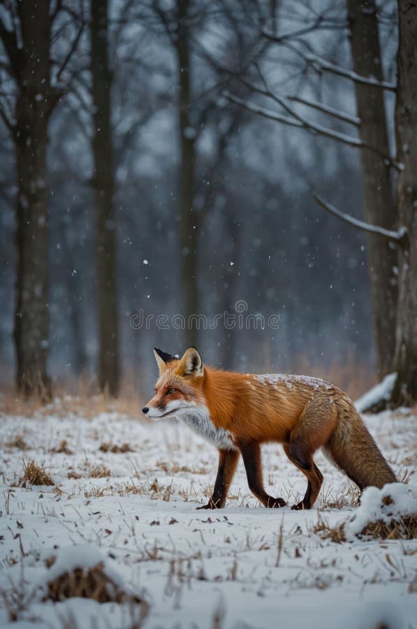 A Red Fox Walks through a Snowy Landscape, Surrounded by Trees in a ...