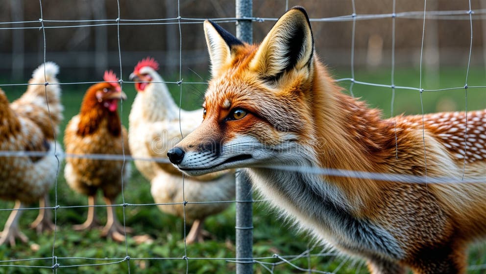 Red Fox Watching Chickens from Other Side of Wire Fence Stock ...