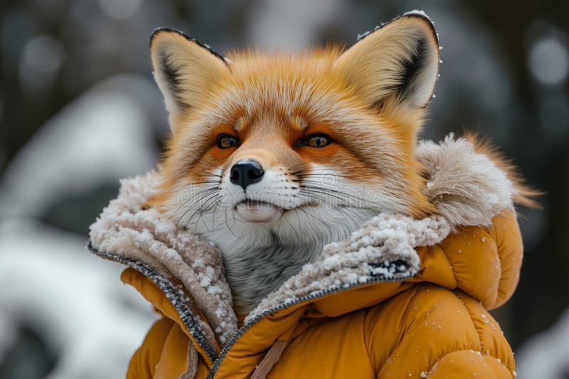 A Red Fox Wearing a Yellow Jacket in the Snow Stock Photo - Image of ...