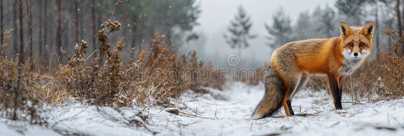 Red Fox in Winter in Field with Snow on Background of a Forest ...