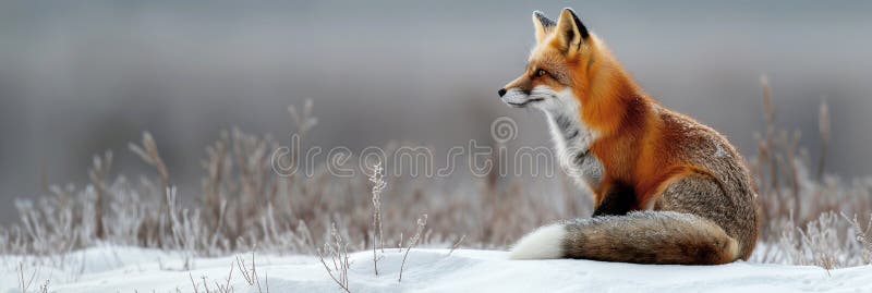 Red Fox in Winter on Field with Snow. Panorama Landscape Stock Image ...