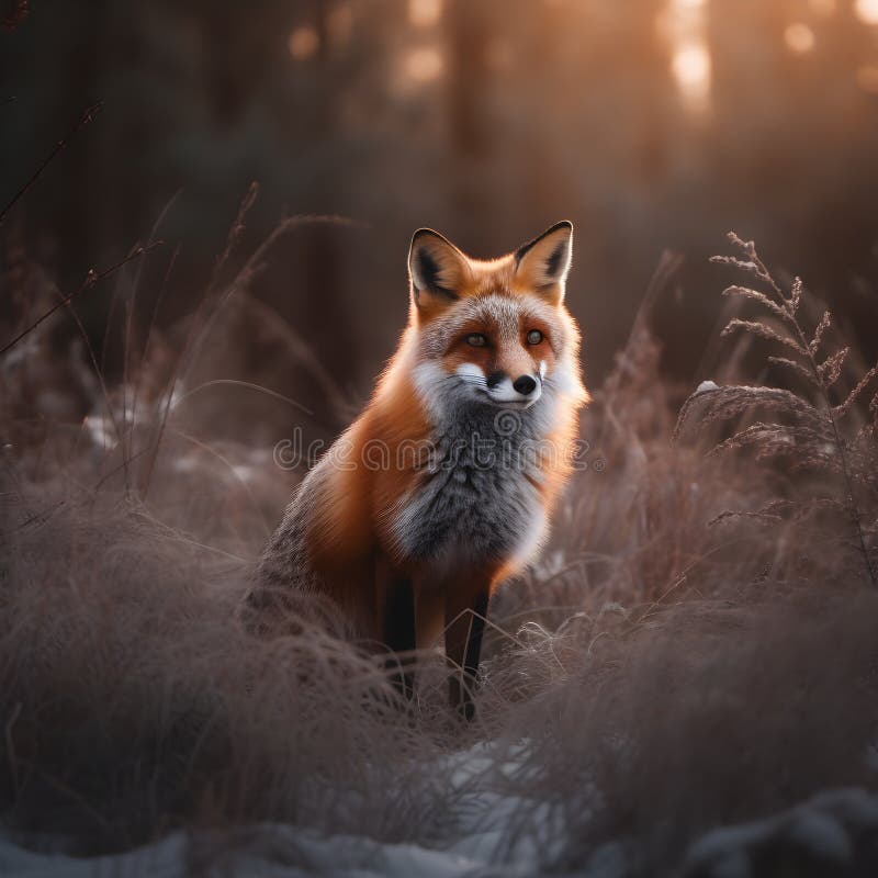 Red Fox in Winter Forest, Beautiful Wild Animal in Snowy Forest Stock ...