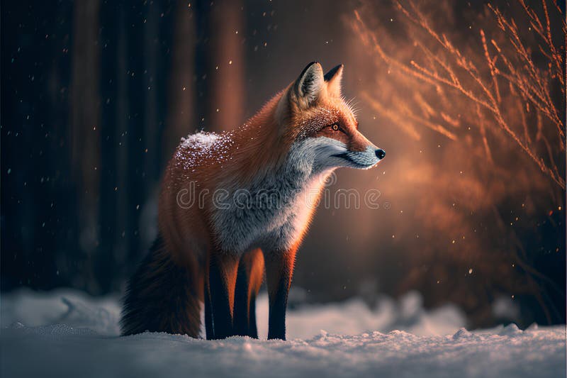 Red Fox in the Winter Forest with Falling Snow. 3d Render Stock Image ...