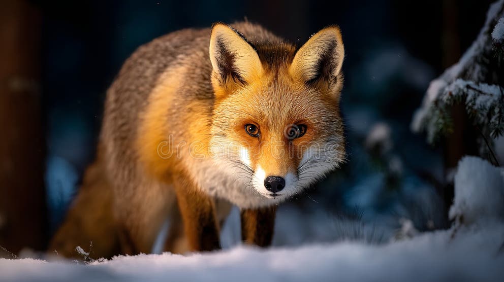 Red Fox in Winter Forest Staring Intently, Illuminated by Soft Light ...