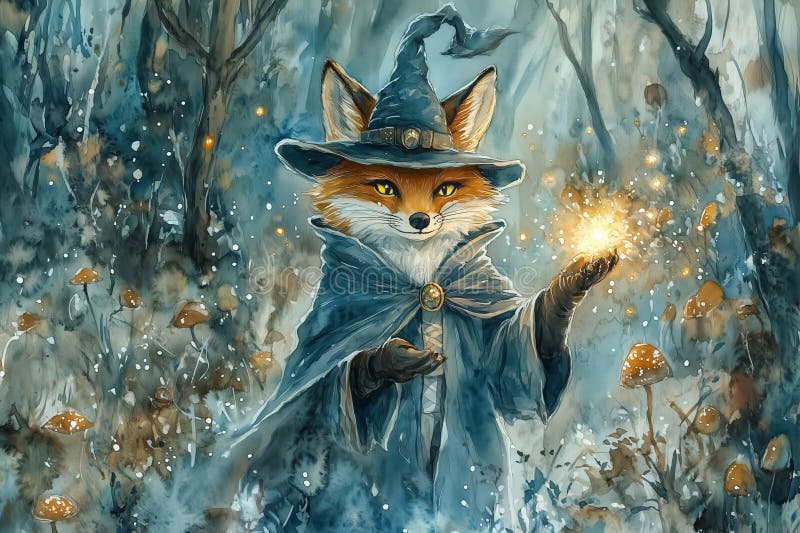 Red Fox Wizard Casting a Magic Spell in Fantasy Forest Stock Image ...