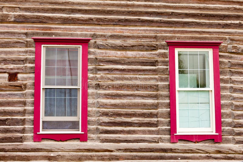 Red Framed Windows in Log House Wall Architecture Stock Photo - Image ...