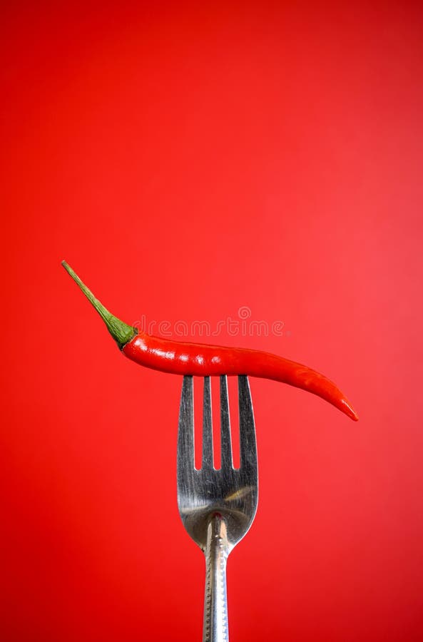 Red Chilli on Stainless Fork with Red Background Stock Image - Image of ...
