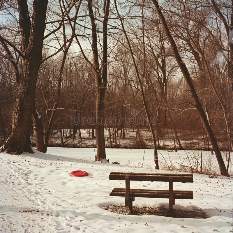 Red Frisbee on a Snowy Bench Stock Illustration - Illustration of film ...