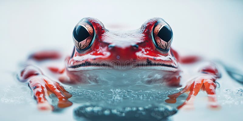 Vivid Red Frog on Reflective Surface with a Symmetrical Mirrored View ...
