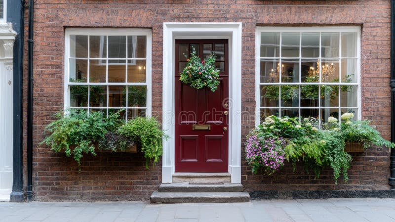 The Red Front Door Stands Out Against the Old Brick Wall, Framed by ...