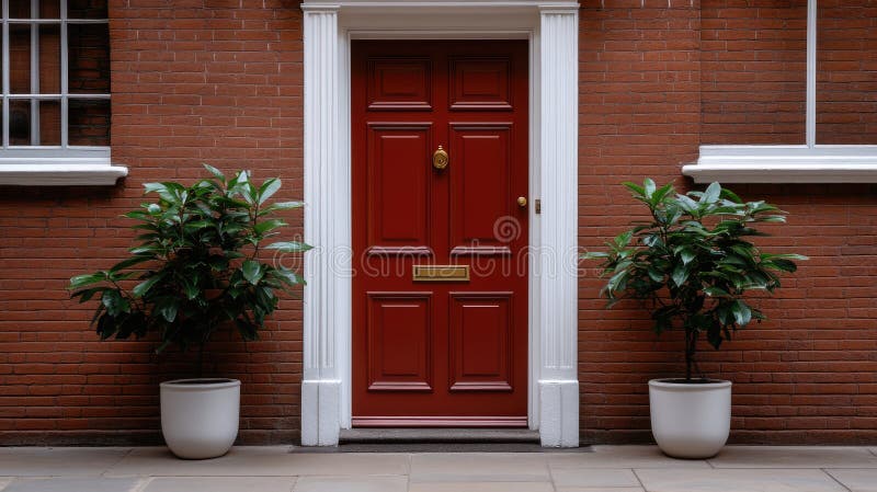 The Red Front Door Stands Out Against the Old Brick Wall, Framed by ...