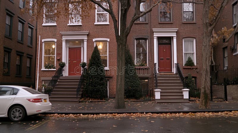The Red Front Door Stands Out Against the Old Brick Wall, Framed by ...