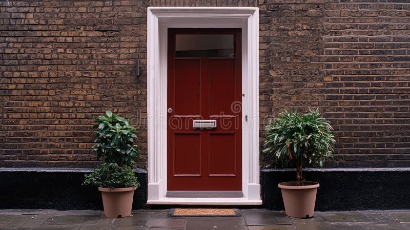 The Red Front Door Stands Out Against the Old Brick Wall, Framed by ...
