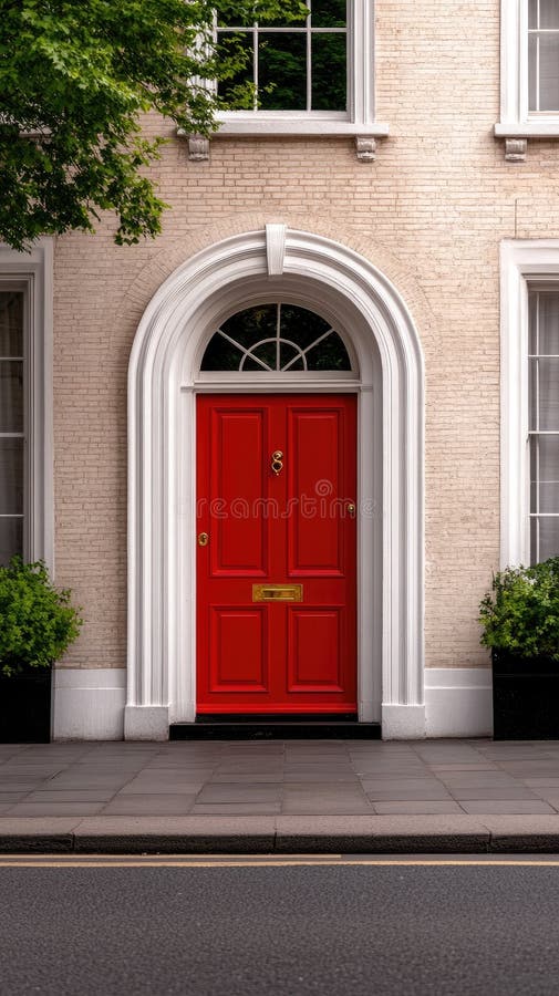 The Red Front Door Stands Out Against the Old Brick Wall, Framed by ...