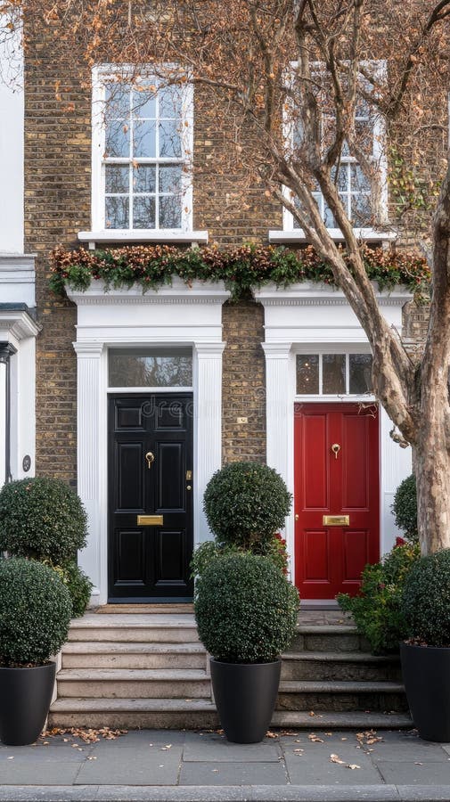 The Red Front Door Stands Out Against the Old Brick Wall, Framed by ...