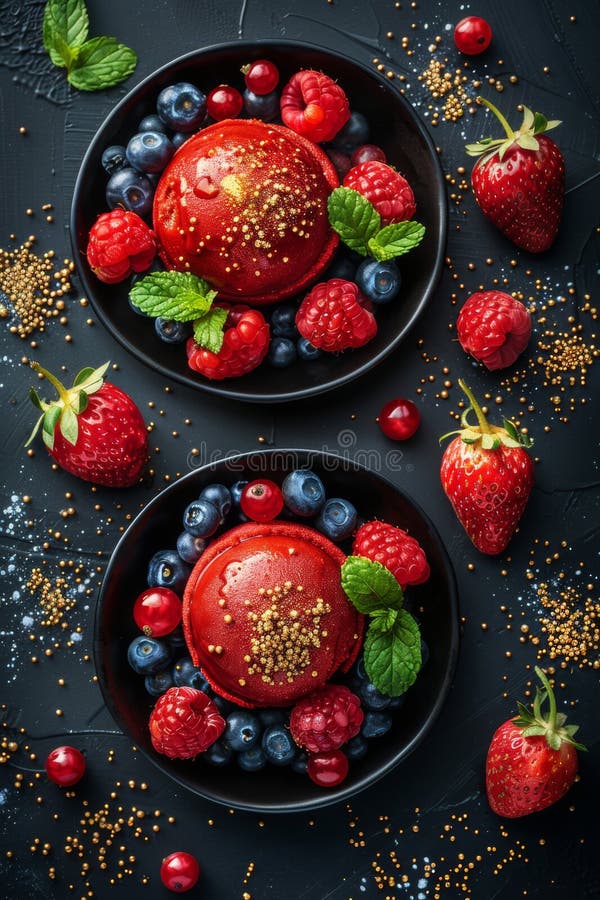 Red Fruit Desserts Beautifully Arranged with Berries and Mint on Black ...