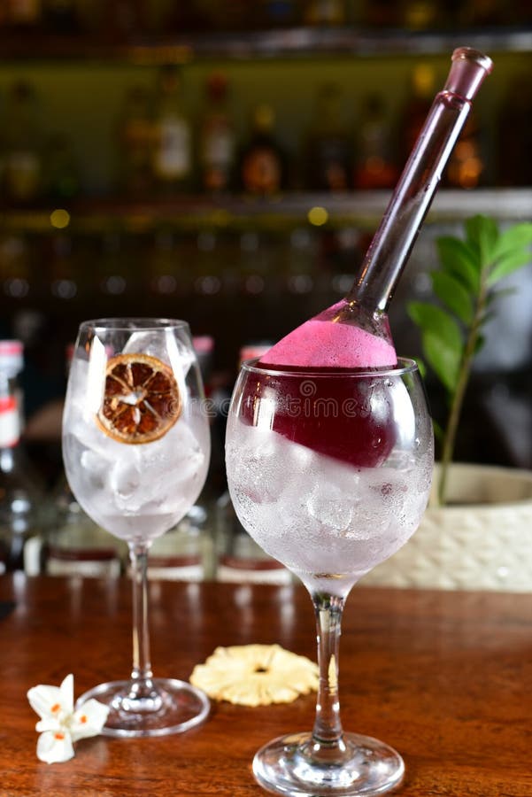 Red Fruit Drink Served in an Exotic Glass with Dehydrated Fruit and Ice ...