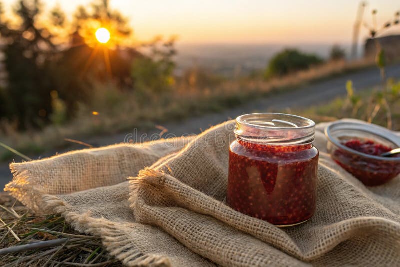 Red Fruit Jam in Glass Jar on Rustic Burlap Cloth at Sunset - Generated ...
