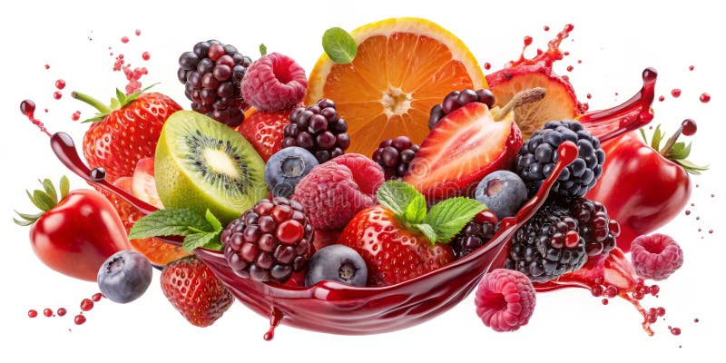 Red Fruit Splash Berries, Kiwi, Orange, Juice Stock Illustration ...