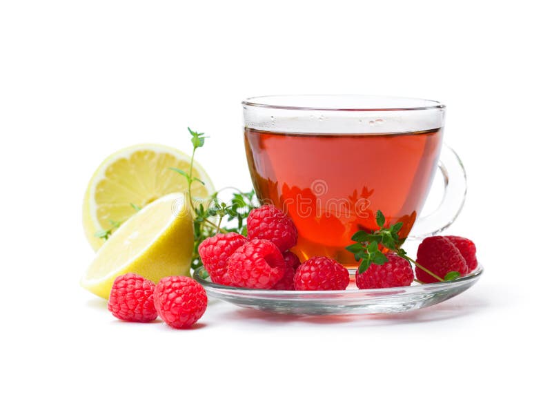 Red Fruit Tea with Lemon and Raspberry Isolated on White Backgr Stock ...