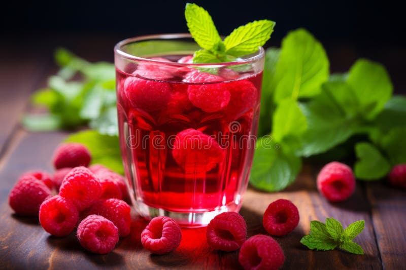 Red Fruit Tea with Raspberry and Mint. Glass of Cold Raspberry Tea ...