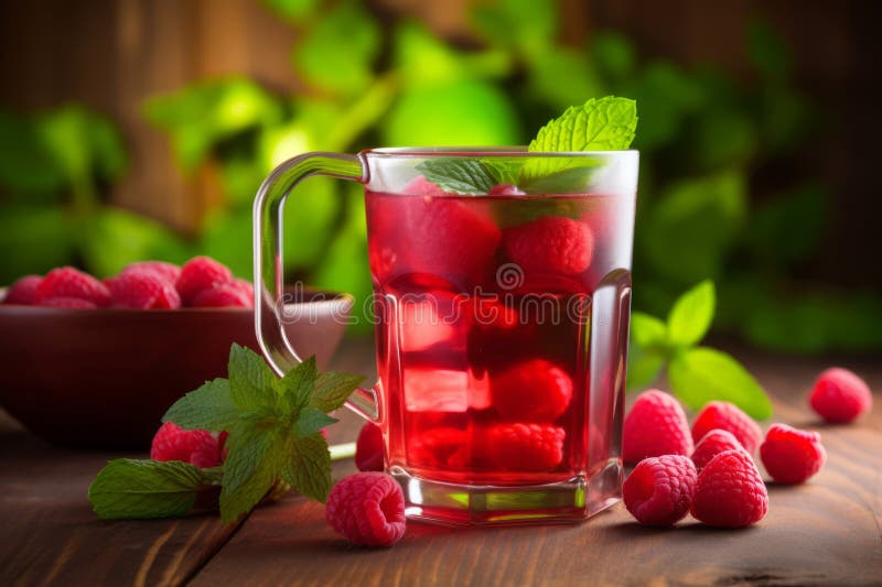 Red Fruit Tea with Raspberry and Mint. Glass of Cold Raspberry Tea ...