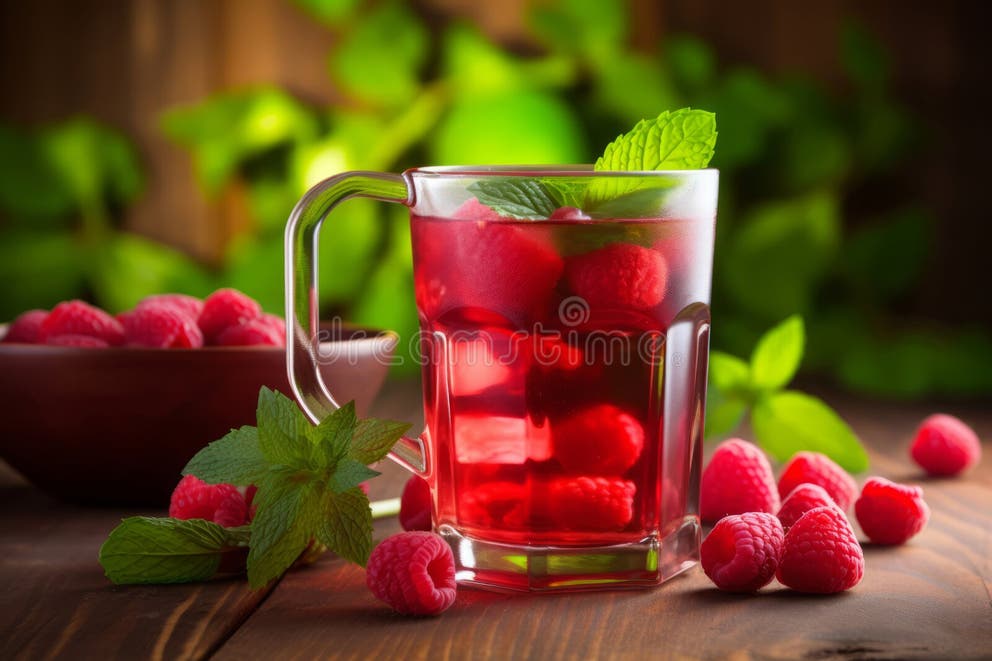Red Fruit Tea with Raspberry and Mint. Glass of Cold Raspberry Tea ...