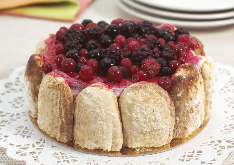 Red Fruits Charlotte with Plates Stock Photo - Image of blackberry ...