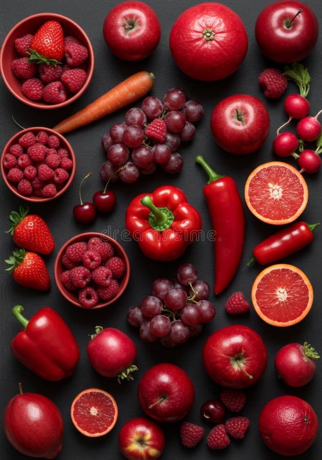 Red Fruits and Vegetables Flatlay on Dark Background Stock Illustration ...