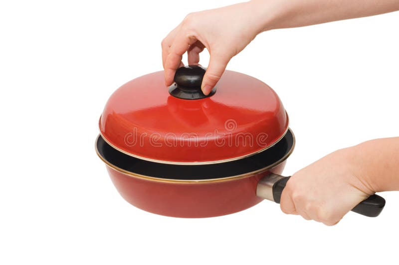 Red Frying Pan in a Hand Isolated Stock Image - Image of handle, energy ...