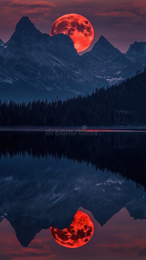 Red Full Moon Over Mountain Range with Lake Reflection at Night Stock ...