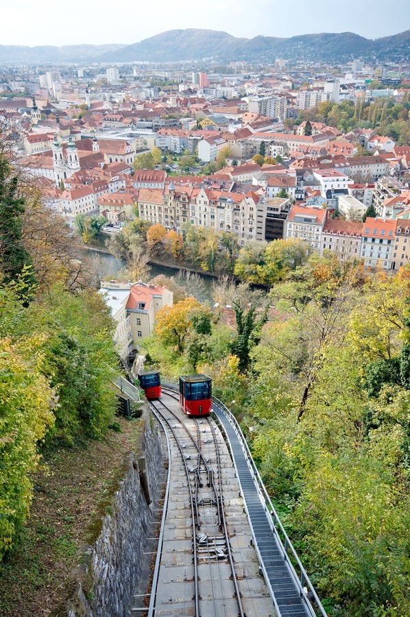 Red funicular in Graz stock photo. Image of schlossberg - 50207366