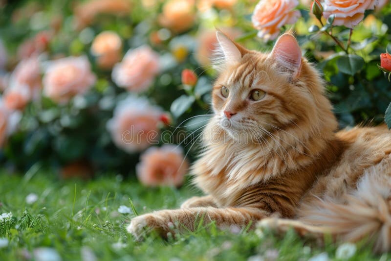 Red Funny Cat Lying in the Green Lawn Grass Stock Photo - Image of ...