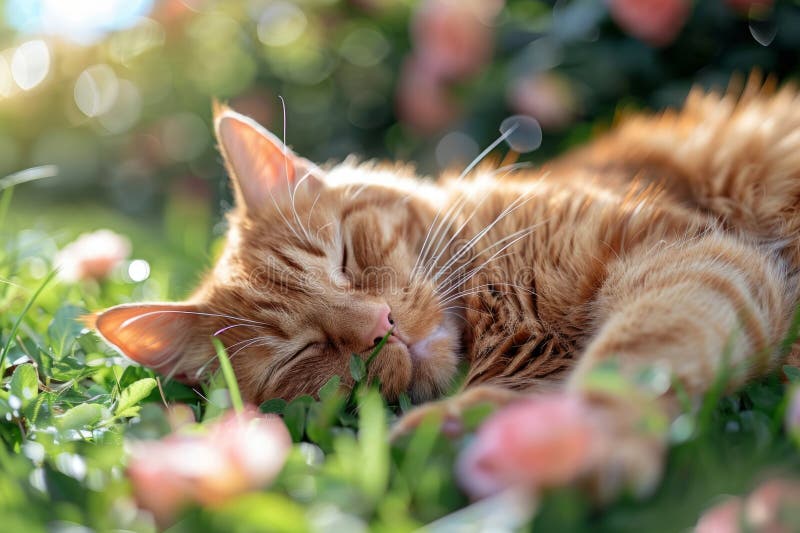 Red Funny Cat Lying in the Green Lawn Grass Stock Photo - Image of ...