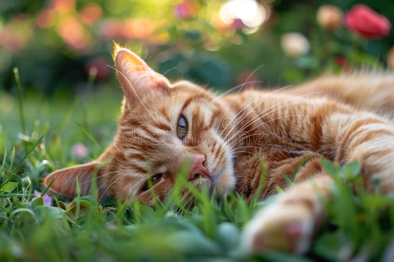 Red Funny Cat Lying in the Green Lawn Grass Stock Photo - Image of ...